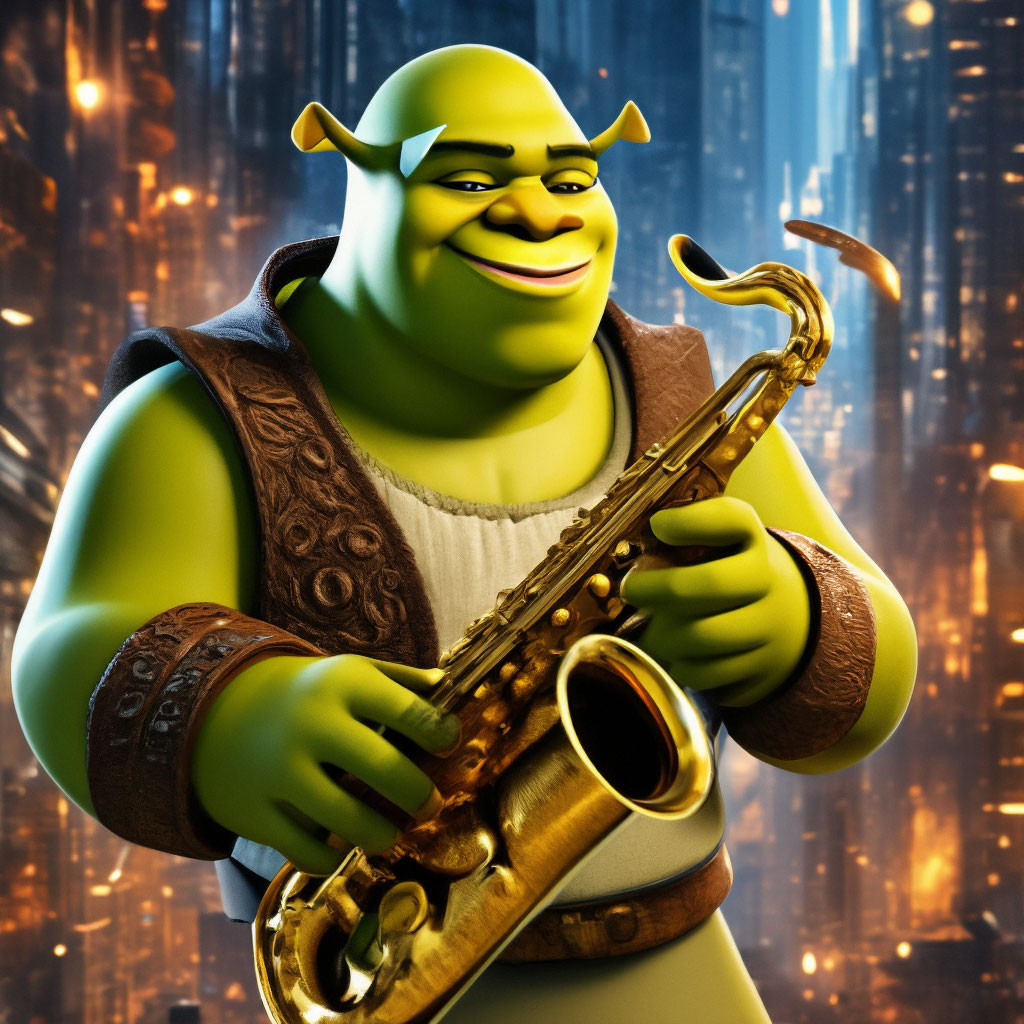 "Shrek plays the saxophone" — image created in Shedevrum