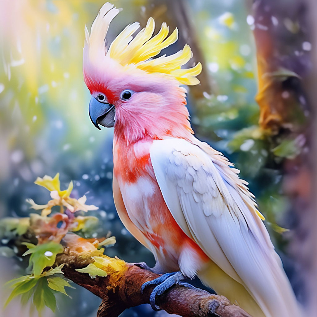 "Watercolor drawing, pastel colors, beautiful cockatoo photorealism ...