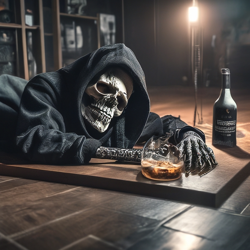 "Bar, skeleton in black, hoodie with a scythe, sleeping on the floor ...