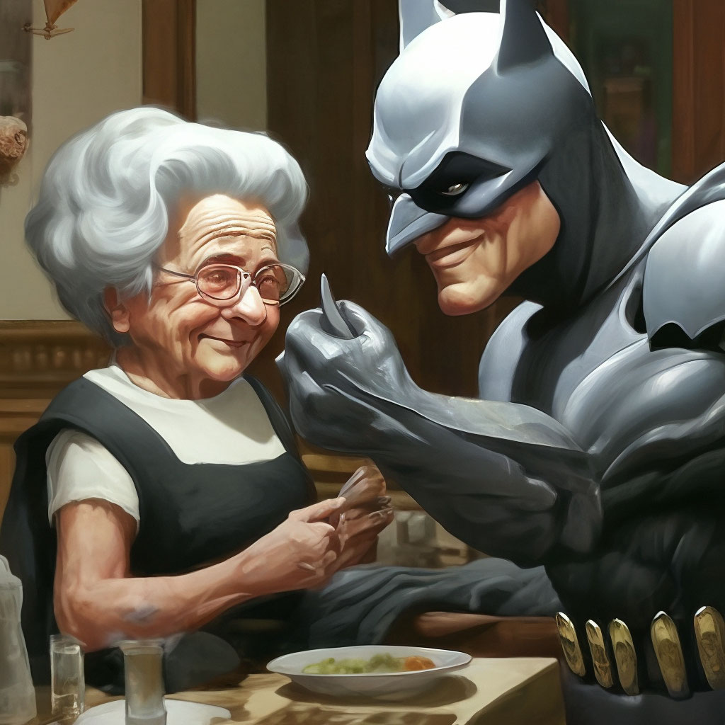 "Batman's grandmother against all, grotesque black humor in the style ...