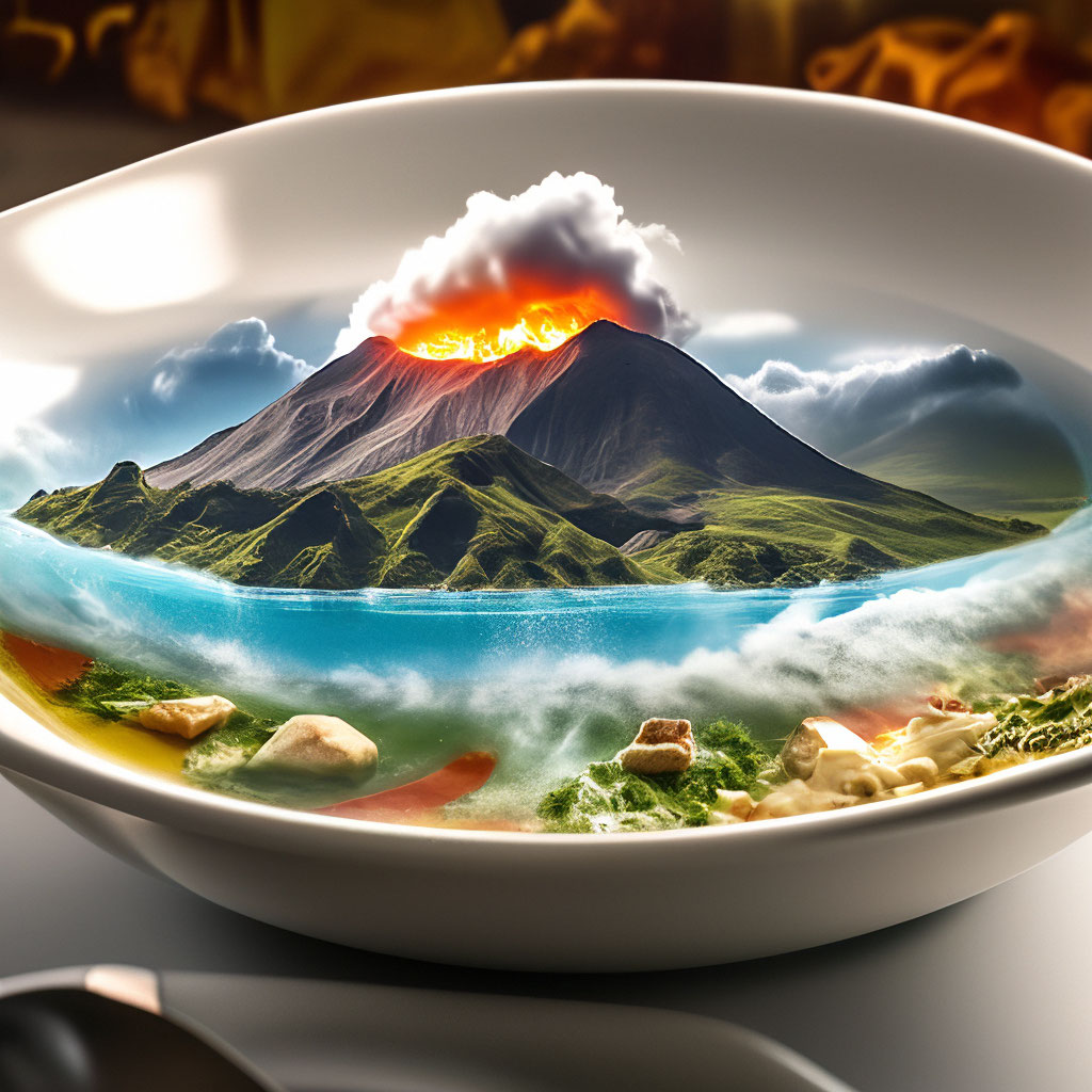 "Soup plate close-up , ships floating inside the plate ,an island with ...