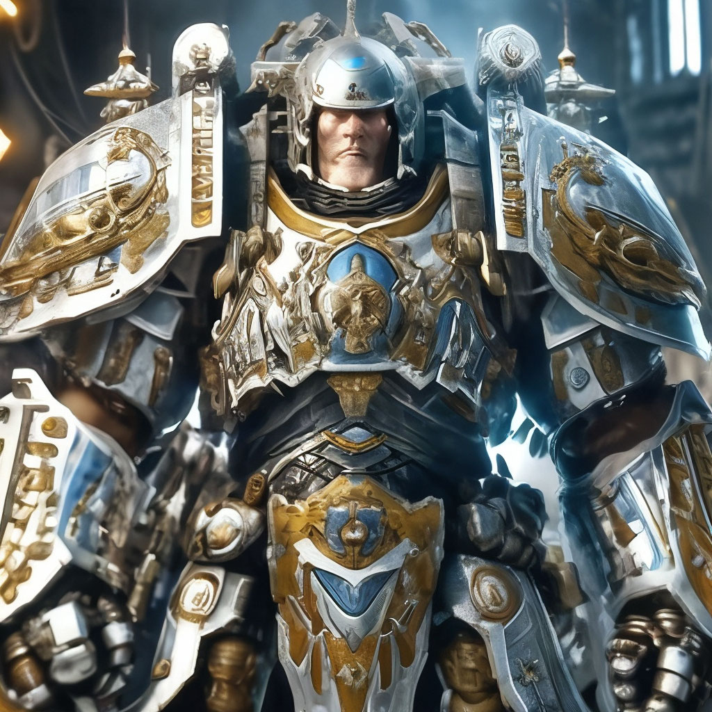 "Grand patriarch of machinery, heavy mechanized armor, silver with ...
