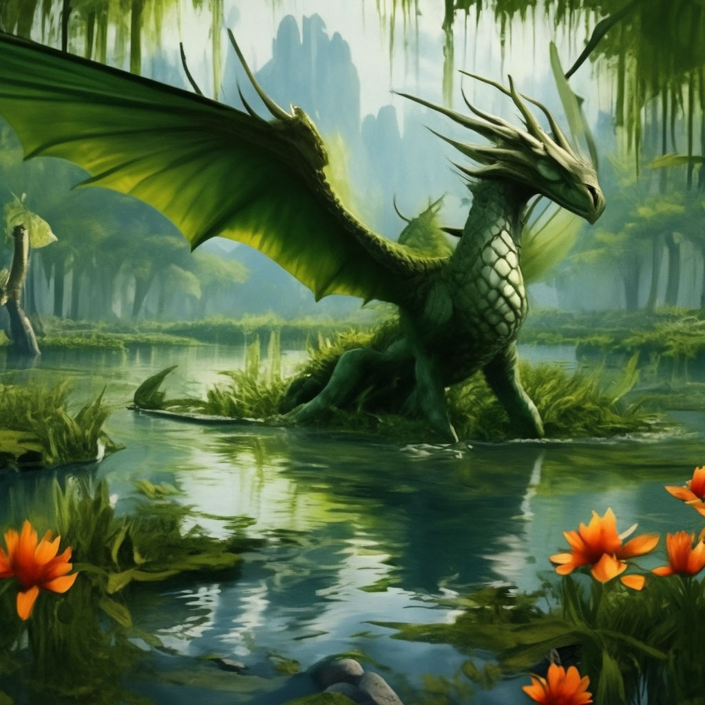 "Boundless epic, fabulous swamp, a green swamp dragon flies low over ...