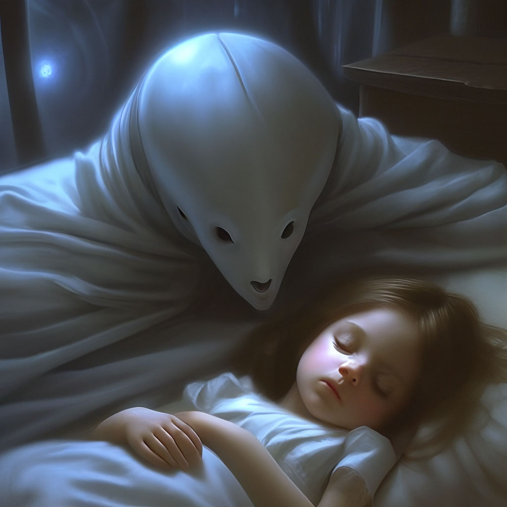 "A small entity sits at the head of a sleeping girl, horror, sur ...