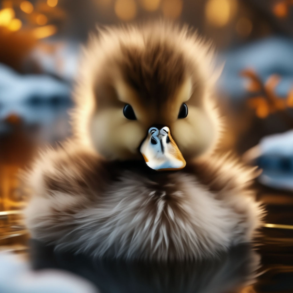 "Cute fluffy duckling with long fur and wide cute muzzle, frost ...