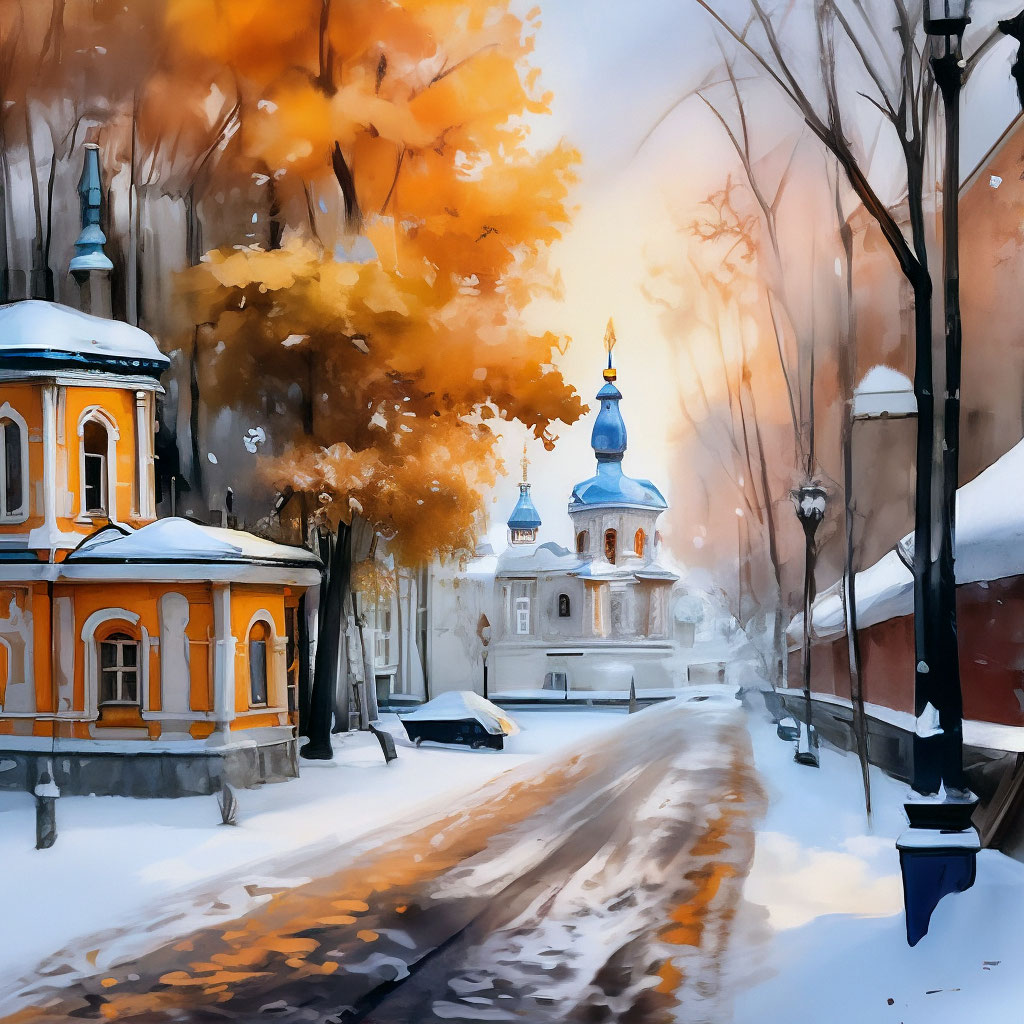 "Autumn landscape, first snow, street of a small Russian city ...
