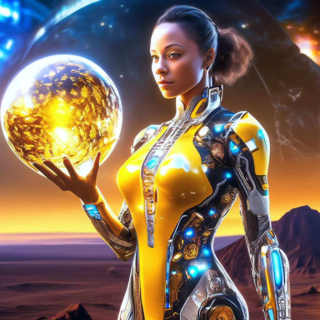 "Cyborg woman, banana suit, plasma sphere in hand, cosmos, universe ...