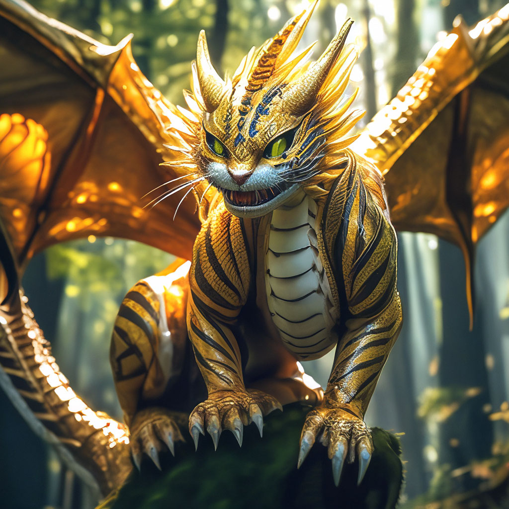 "Epic striped Cheshire dragon, coherent, forest, high octane, golden ...