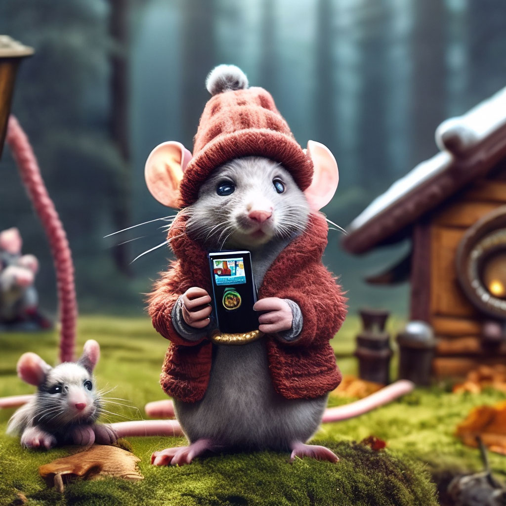 "A cute fluffy Rat in a knitted jacket and a hat with a phone in its ...