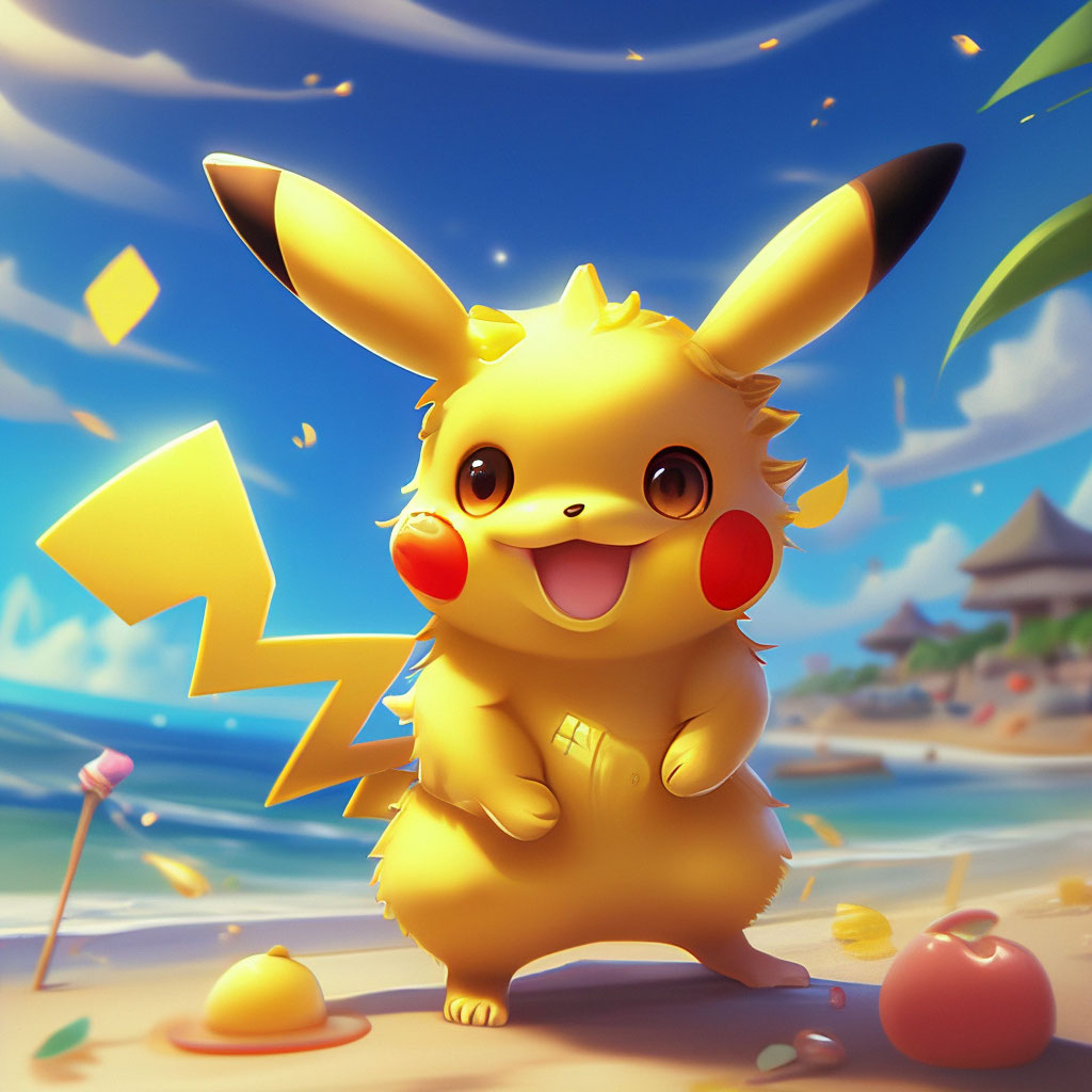 "Cute little pakemon pikachu yellow in a summer suit on the beach ...
