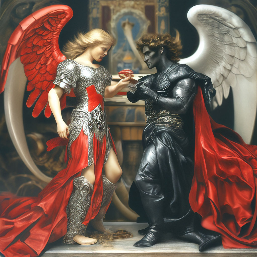 "Baroque Angel and Demon: An angel, in black and silver clothes, faces ...