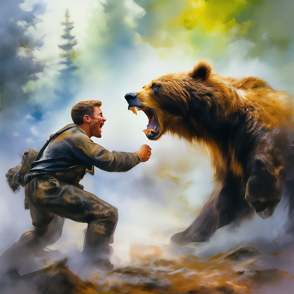 "Epic fight a brown bear menacingly yells and a young man tries to ...