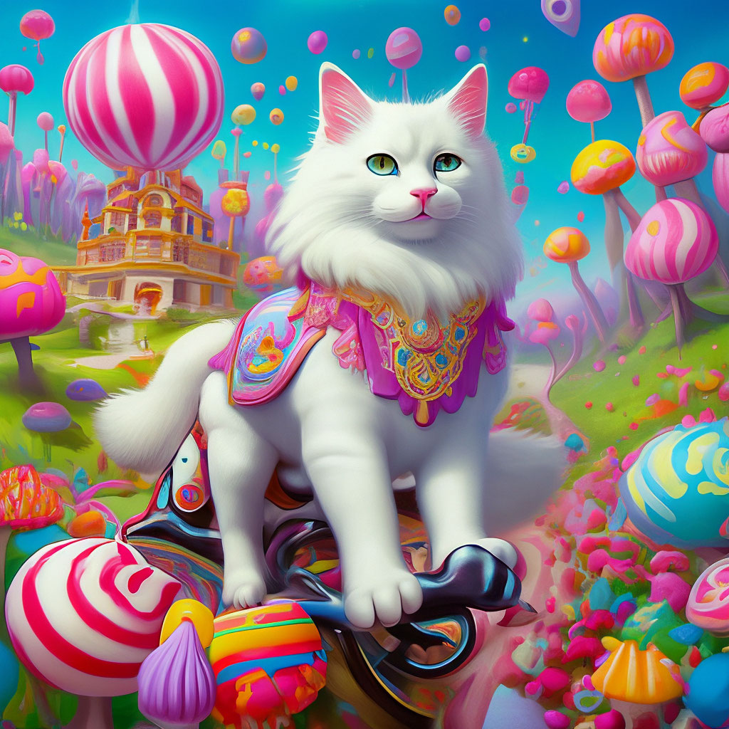 "A fluffy prince with tattoos on a white cat the size of a house rides ...