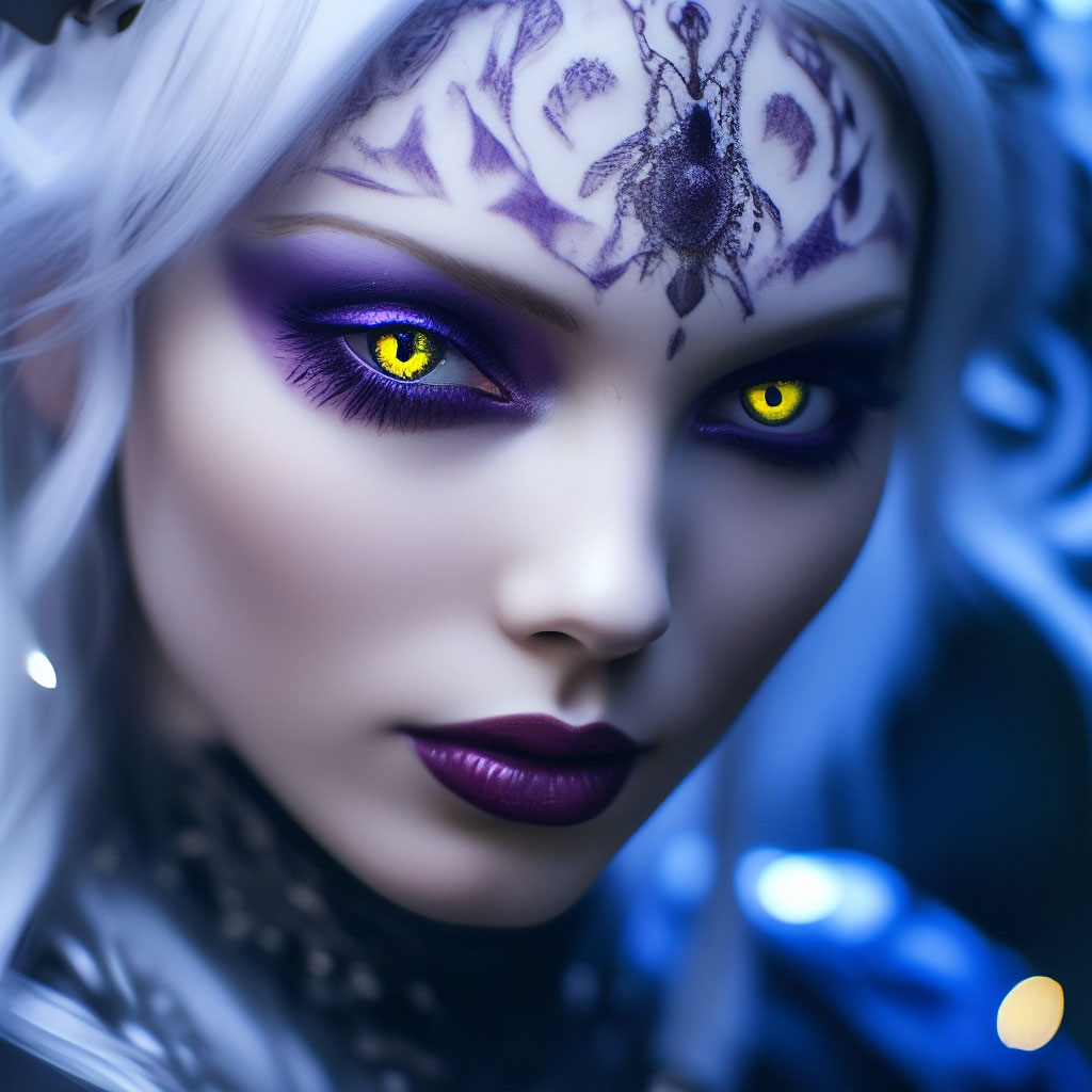 "Female Drow, face intricate purple patterns, sensual, playful, elven ...