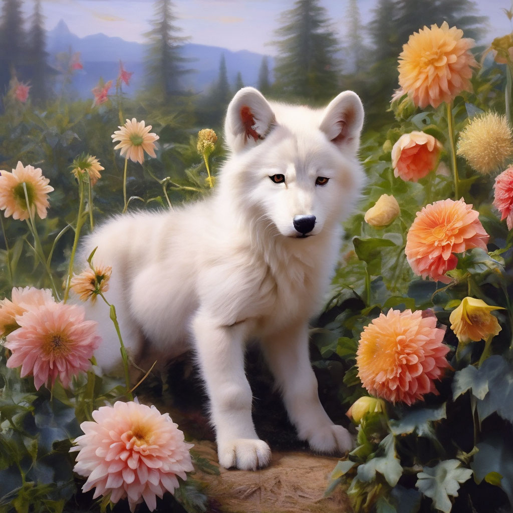 "A white fluffy wolf cub in full growth in a clearing with dahlias ...