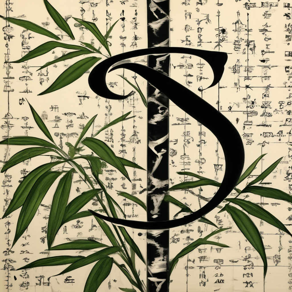 "Japanese-style calligraphic letter "S", bamboo stem and leaf, black ...