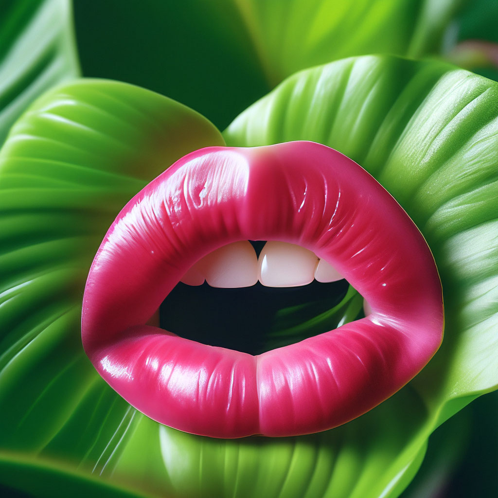"Exotic flower hot lips on a background of green leaves, close-up ...