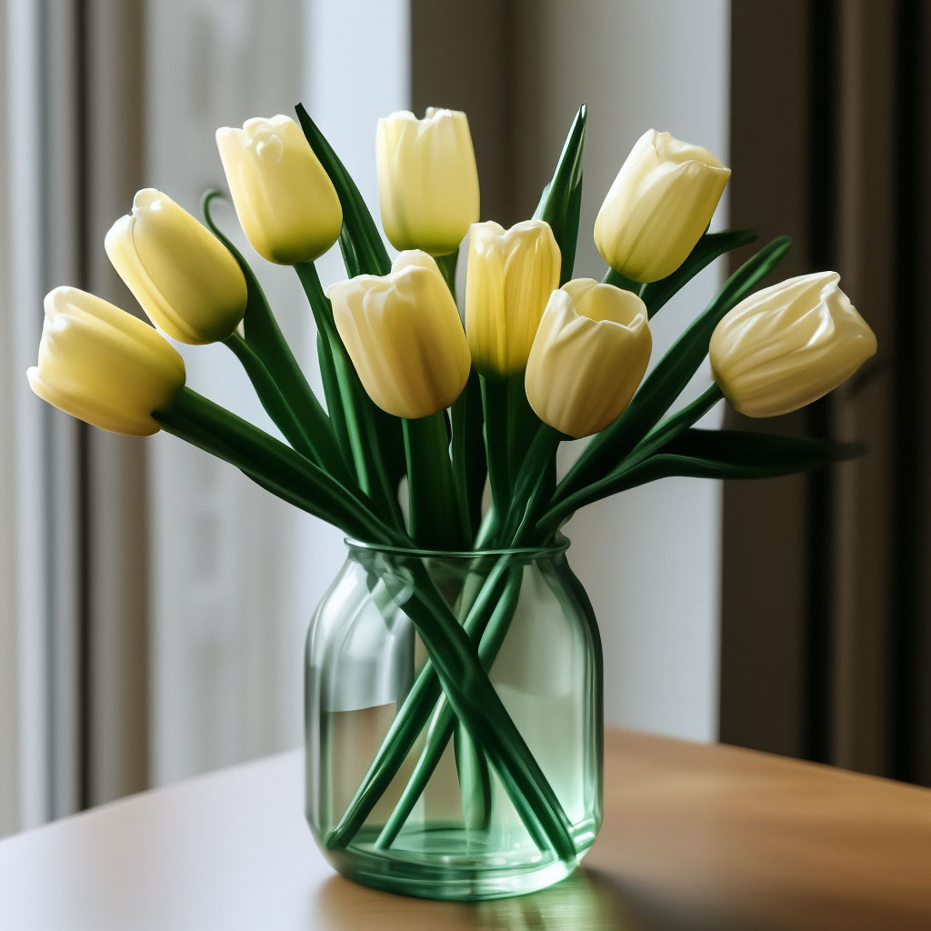 "Heart ,neon light greenish glow glass, transparent heart, dark yellow color, 5 purple tulips ...