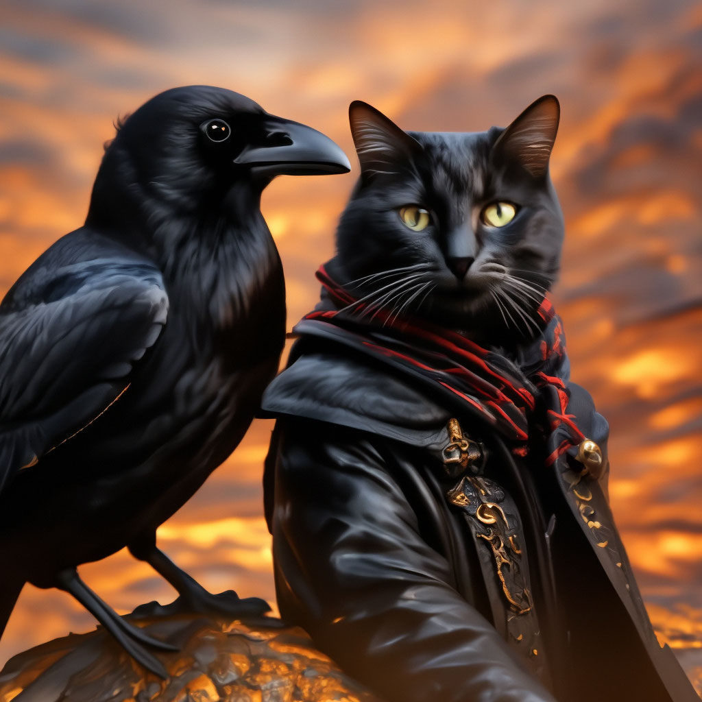 "A beautiful anthropomorphic raven and a black anthropomorphic cat on ...