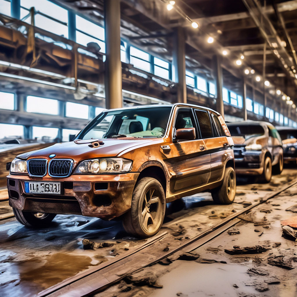 "A lot of BMW x5 e53 badly rusted to holes front side view are standing ...