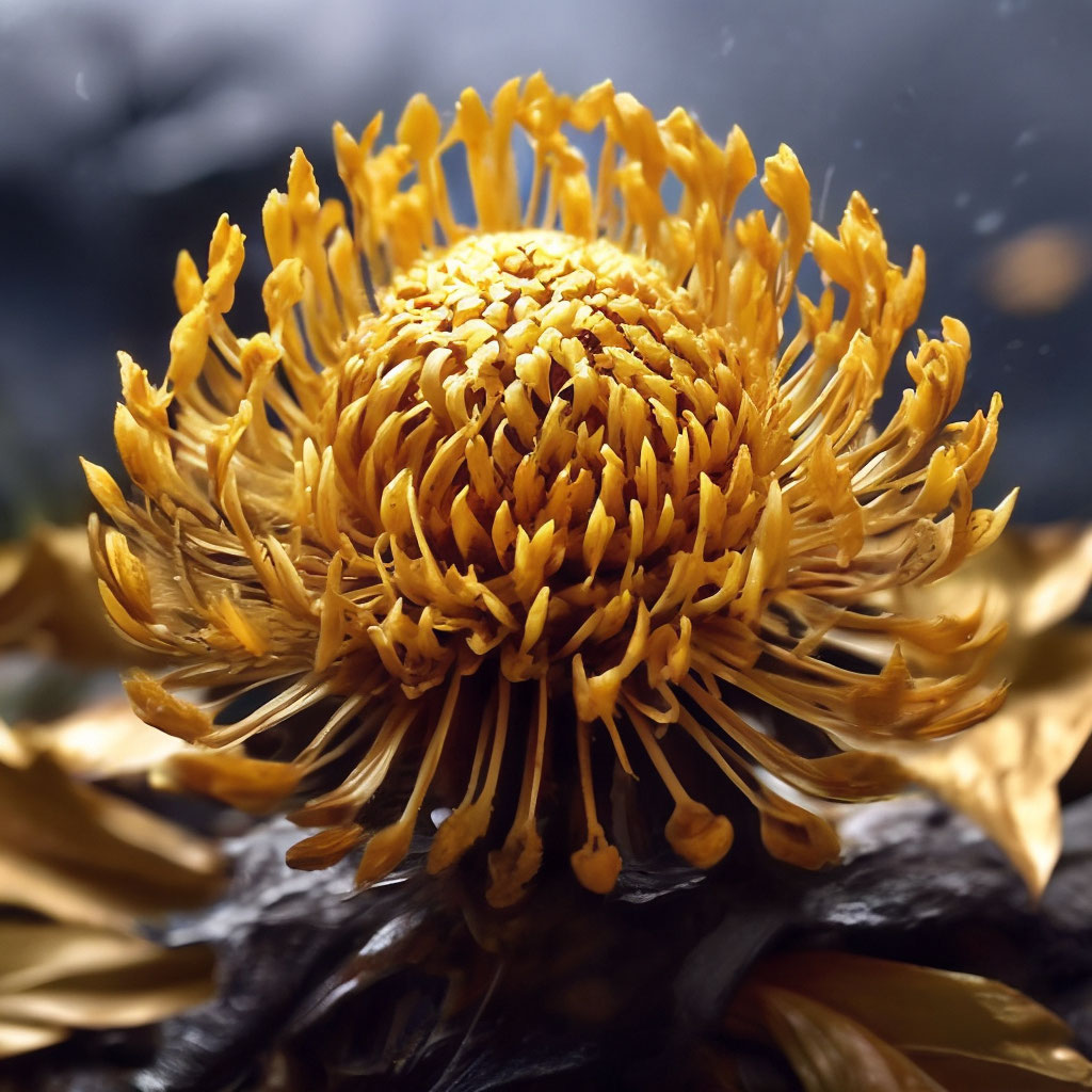 "Golden ball,flower,top view, hyperrealism,macro, layering golden edges ...