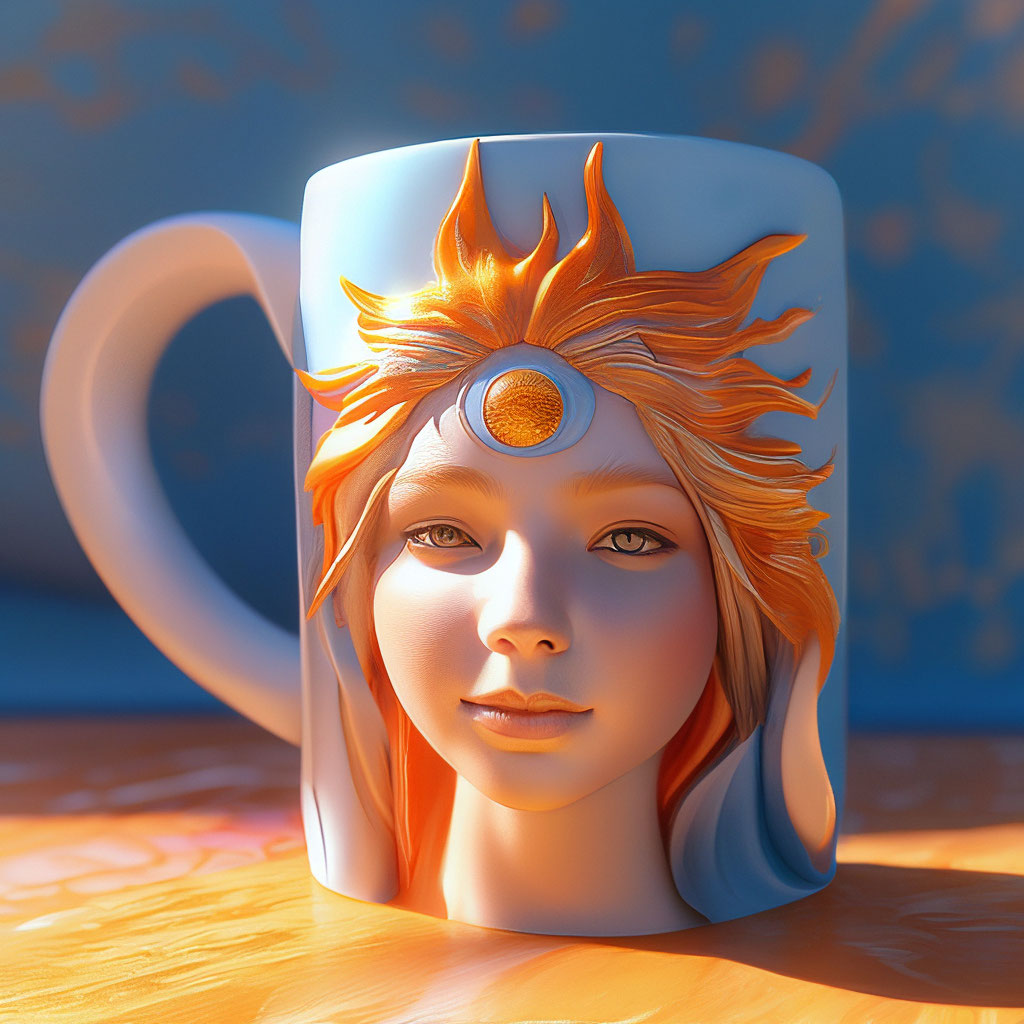 "Mug, girl daughter of the sun in the forehead. Detailed drawing ...