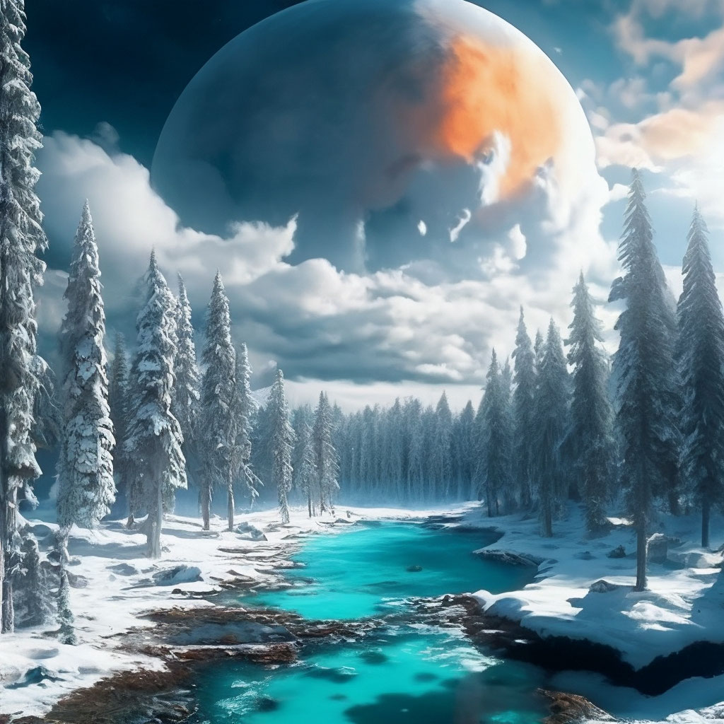 "Alien landscape,Majestic snow-white clouds cover a snowy coniferous ...