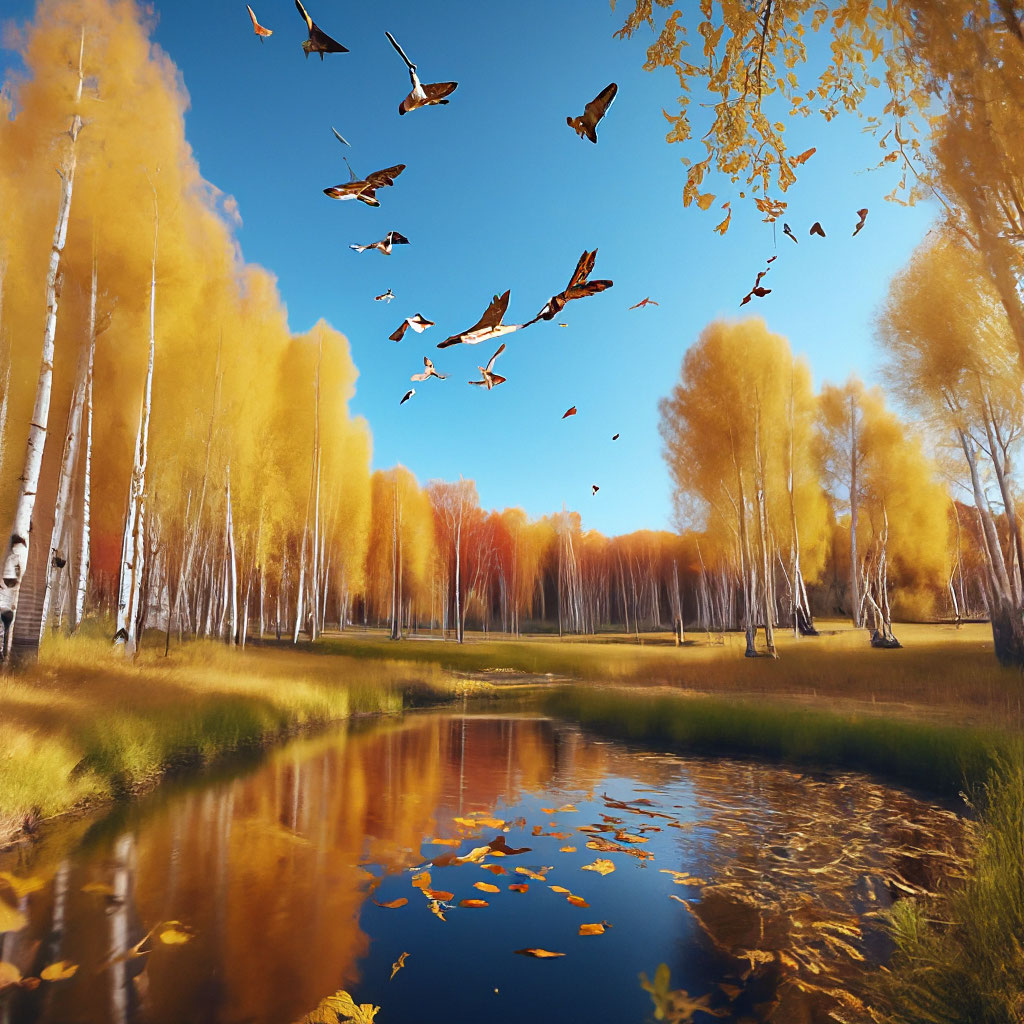 "Autumn forest, birch trees with yellow-red-green leaves, clear sky ...
