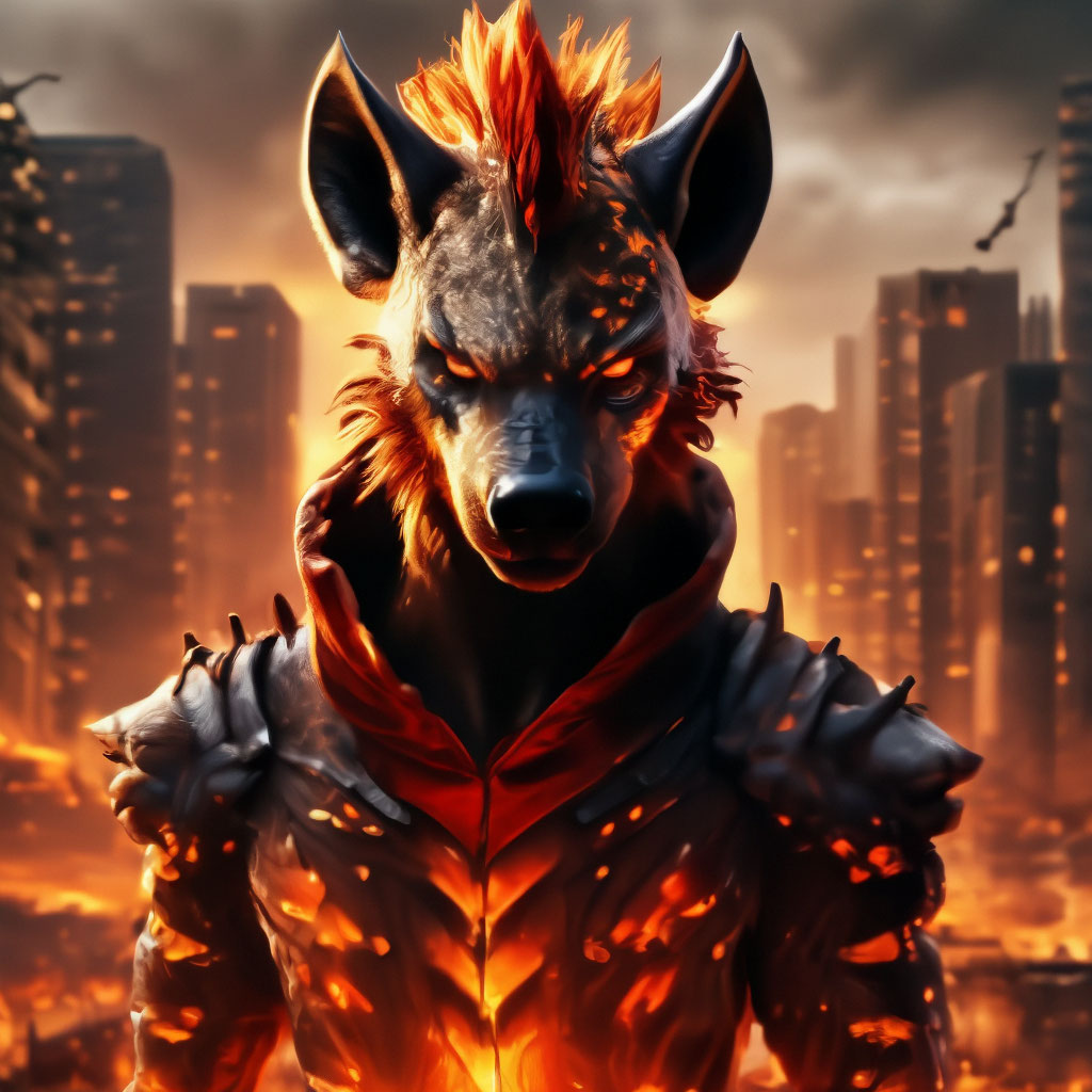 "A giant anthropomorphic fire hyena stands over a city destroyed by ...