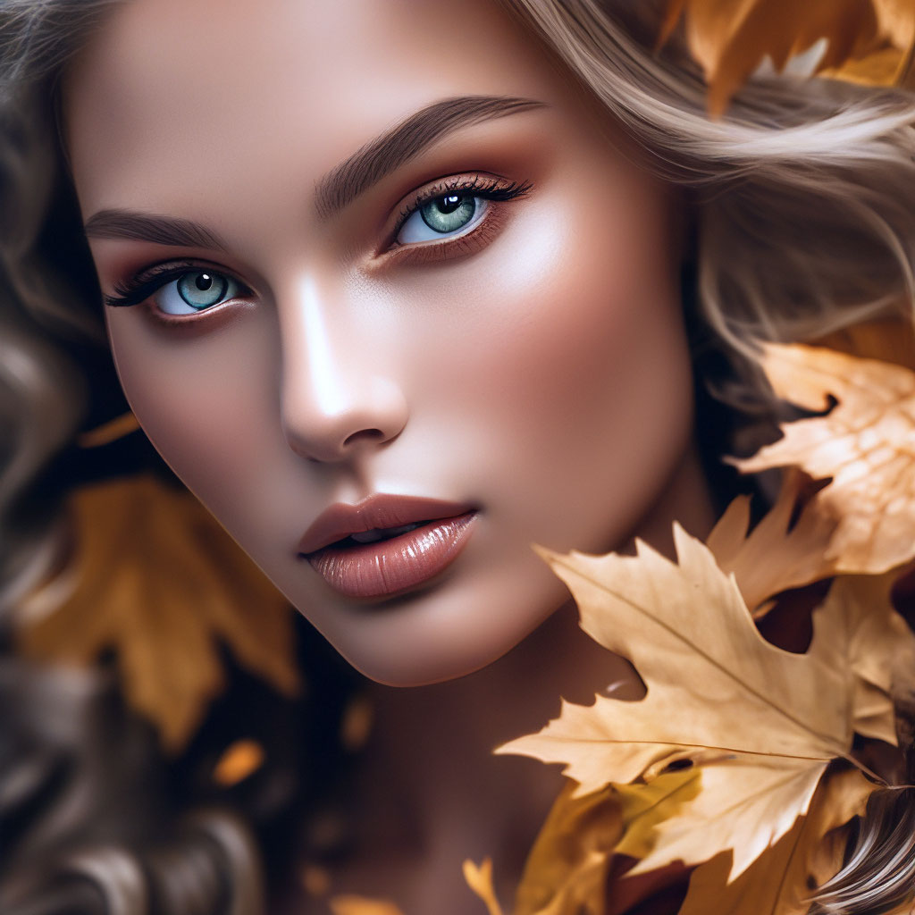 "Portrait of a girl, maple leaves on her face, bold look, cheekbones ...