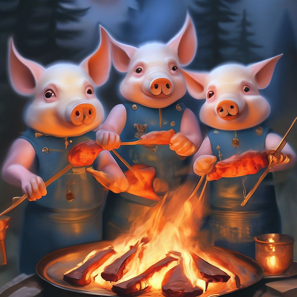 "Three piglets Nif-Nif, Nuf-Nuf and Naf-Naf roast a wolf on a spit on a ...