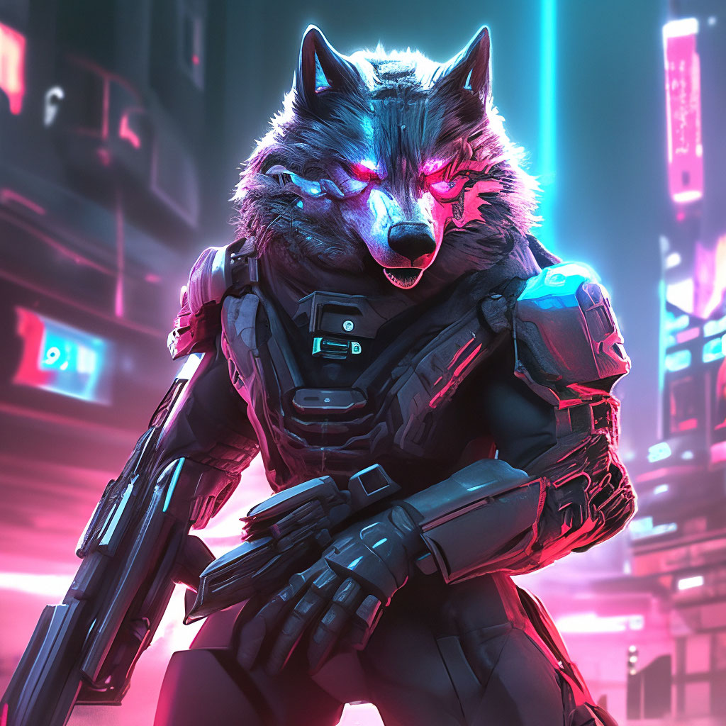 "Cyber wolf with sci-fi cyber weapons" — image created in Shedevrum