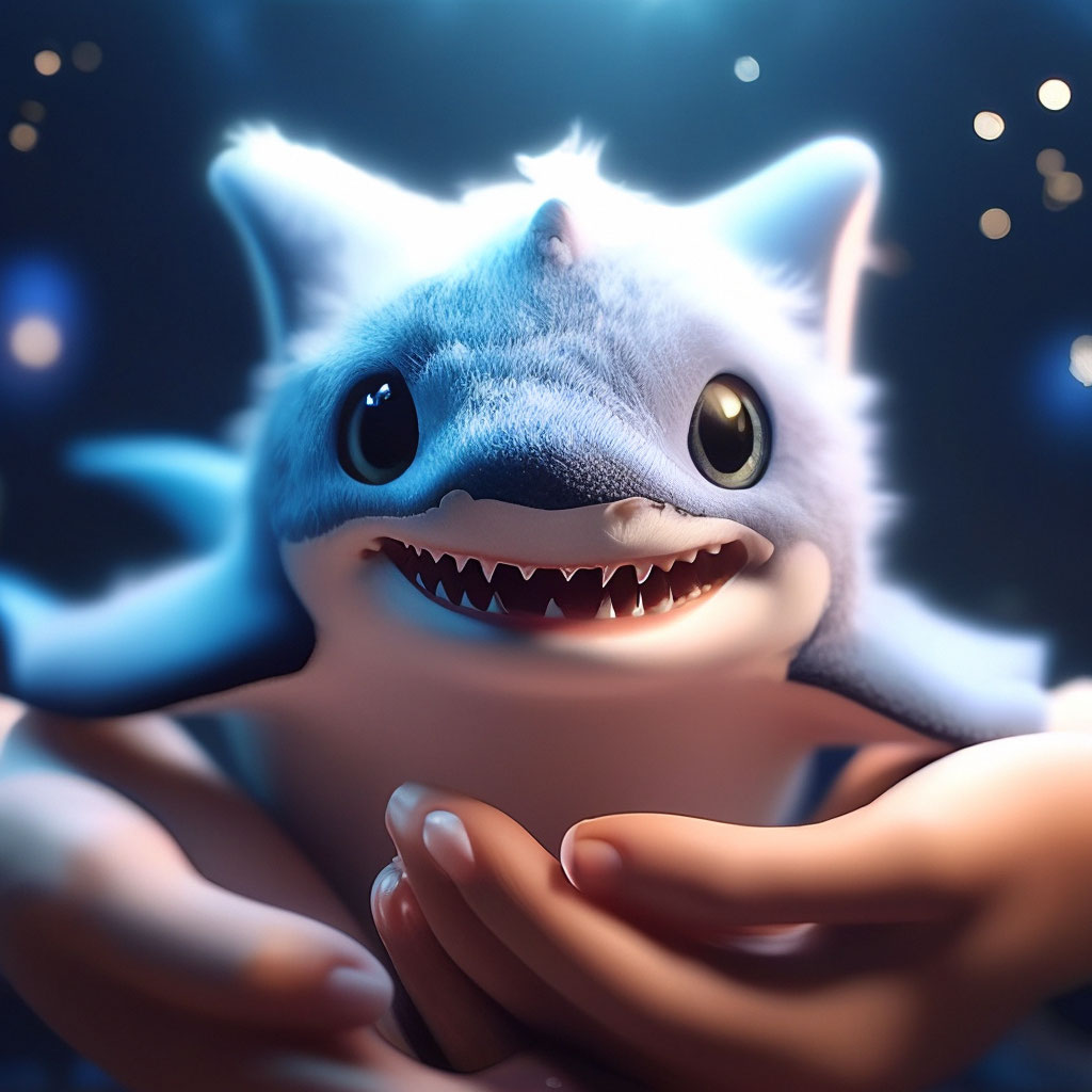 "Cute little shark in the form of a cat , fluffy shark , big expressive ...