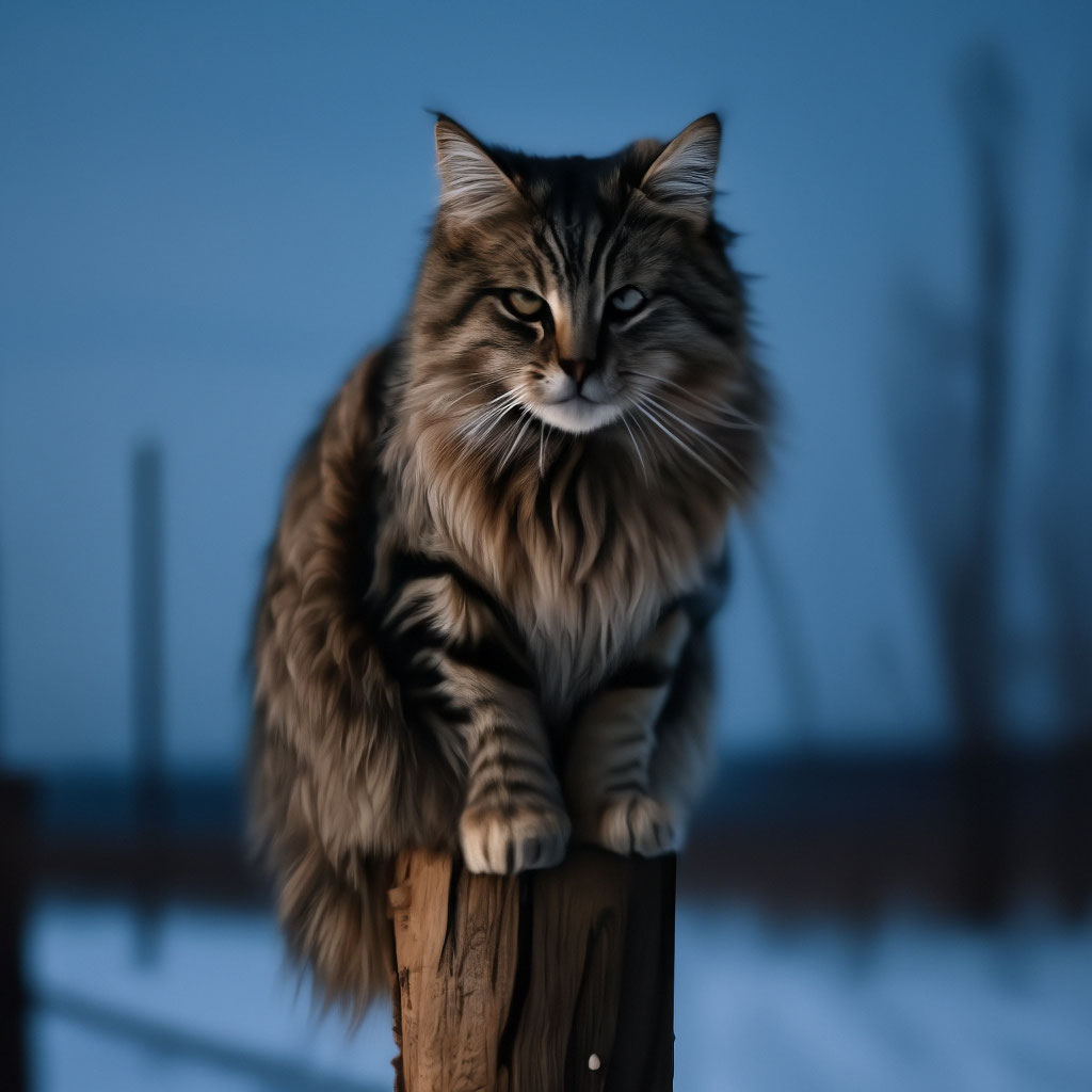 "Bayun the cat is sitting on a pole, night, winter, horror ...