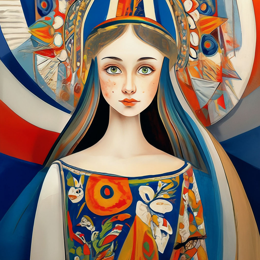 "Girl in a Russian folk sundress, in a mixed style of Dadaism + cubism ...