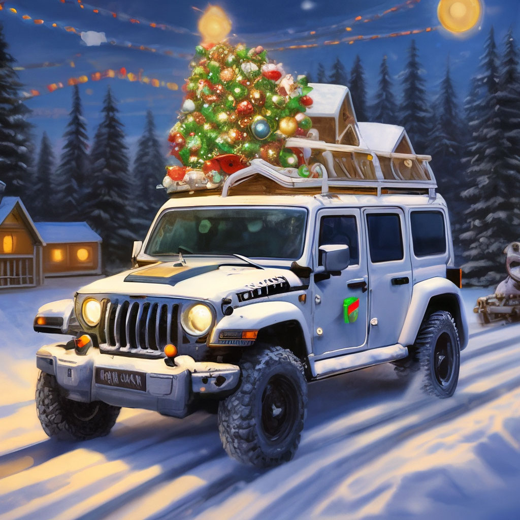 "A New Year's jeep with a Christmas tree on the roof rides through the ...