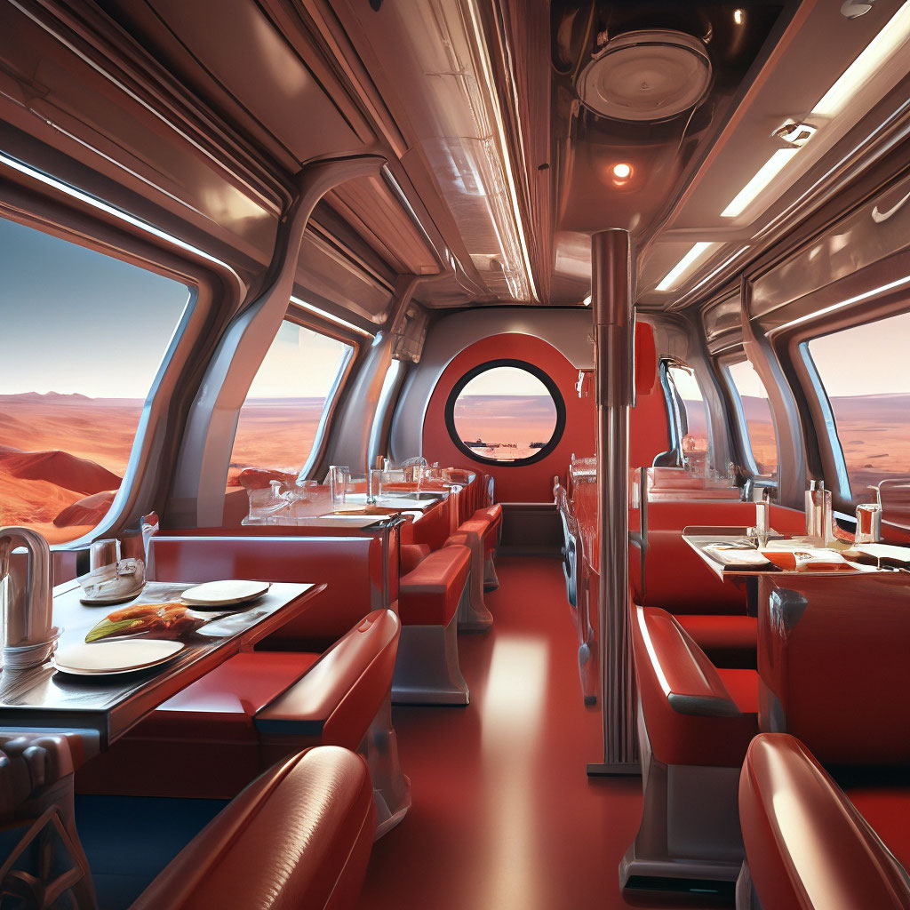 "In the dining car of a passenger train on the planet Mars. Hyper ...
