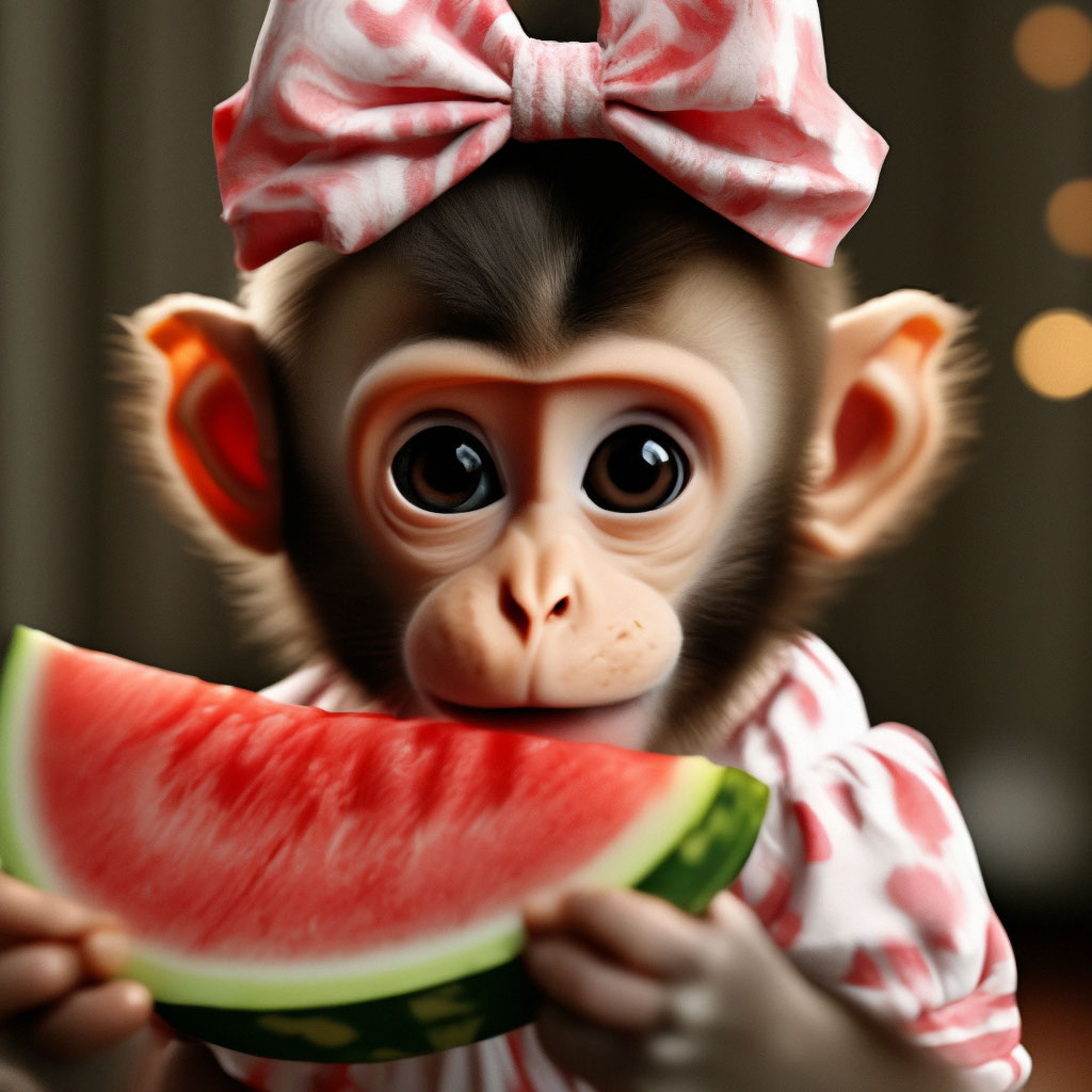 "Cute graceful baby monkey with bows on his head in a dress, eating a ...