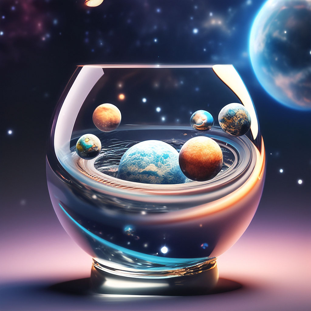 "The glass collects planets in the universe" — image created in Shedevrum