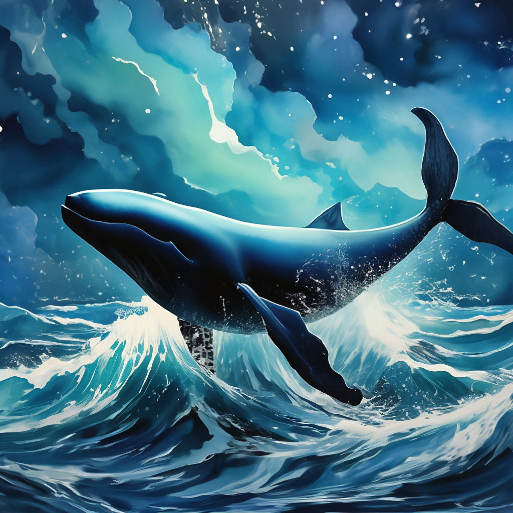 "Watercolor storm at sea starfall whale cosmic sky" — image created in ...