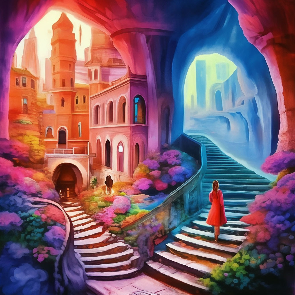 "RGB drawing, a lady in a fashionable dress draws a staircase to the ...