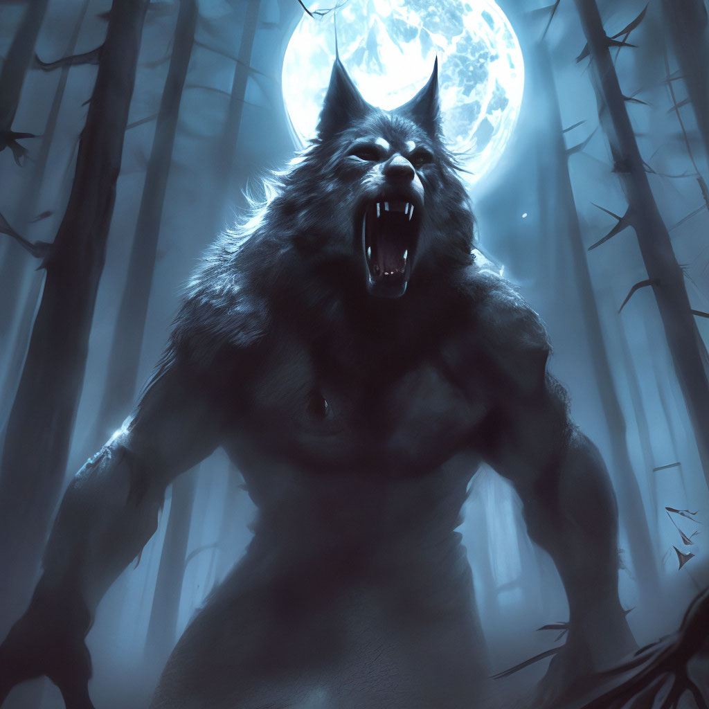 "Werewolf, fear, forest, full moon, horror" — image created in Shedevrum