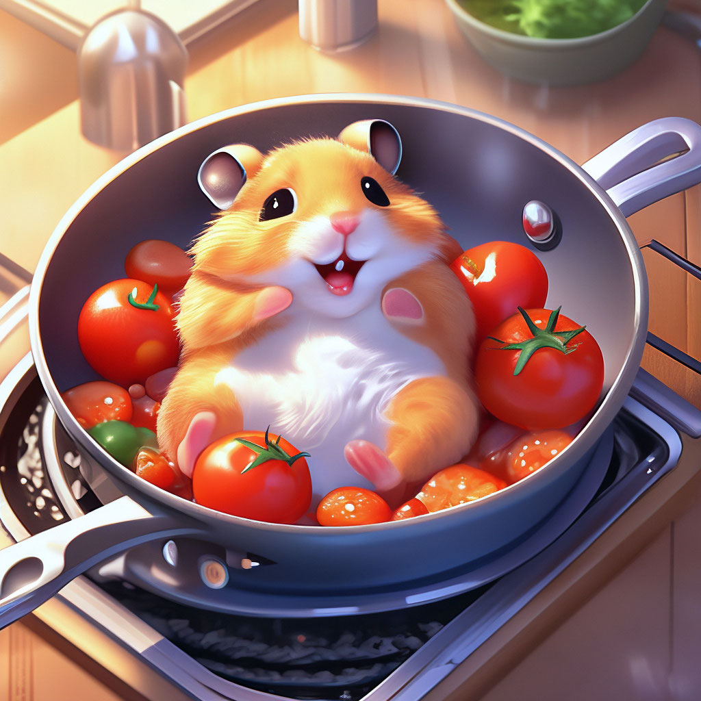 "Hamster fried in a frying pan with tomatoes, anime style, digital art ...