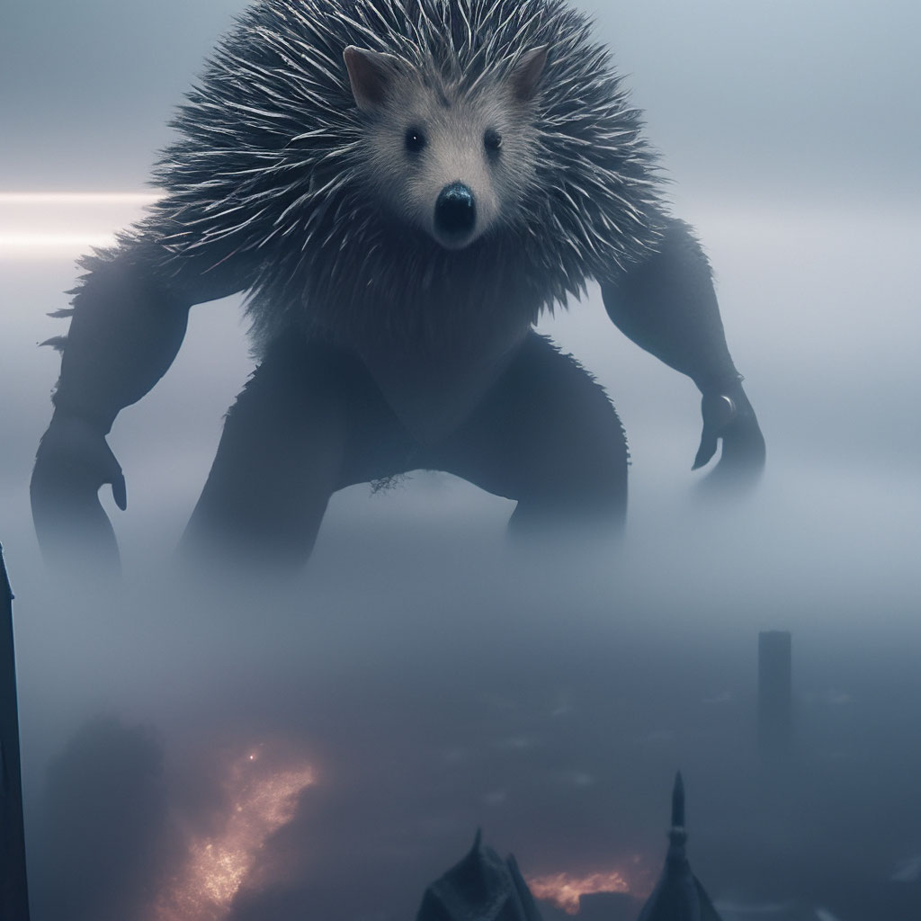 "Creepy giant mutant hedgehog towering over the fog menacingly bending ...