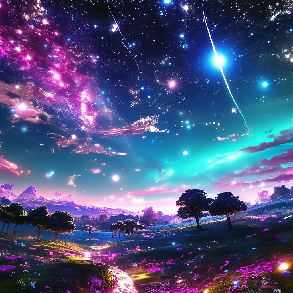 "Hyperrealistic fantastic landscape, turquoise star nebulae, night ...
