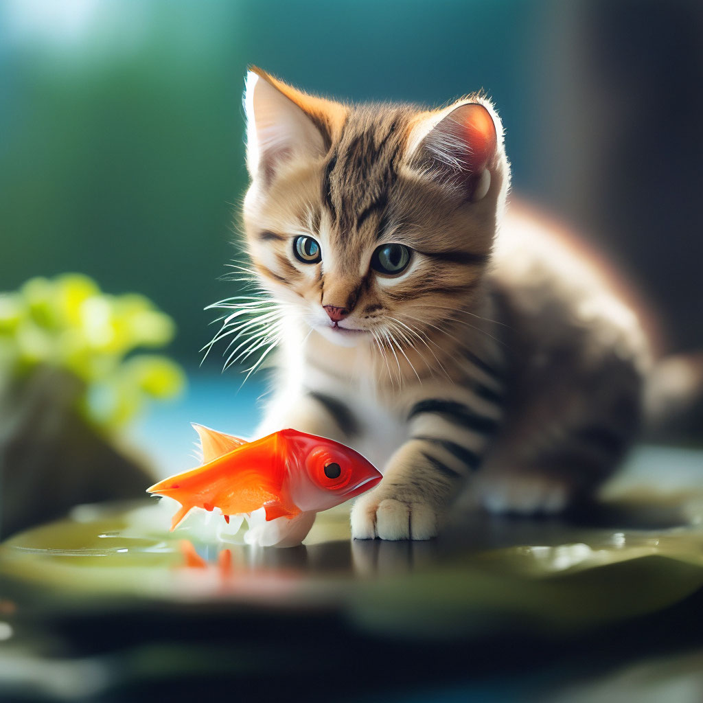 "Cute little cat is sitting and eating a fish" — image created in Shedevrum
