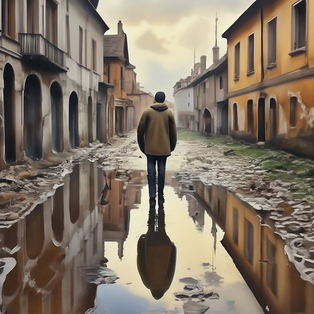 "You will come one day saying sorry, realism, old town in a puddle ...