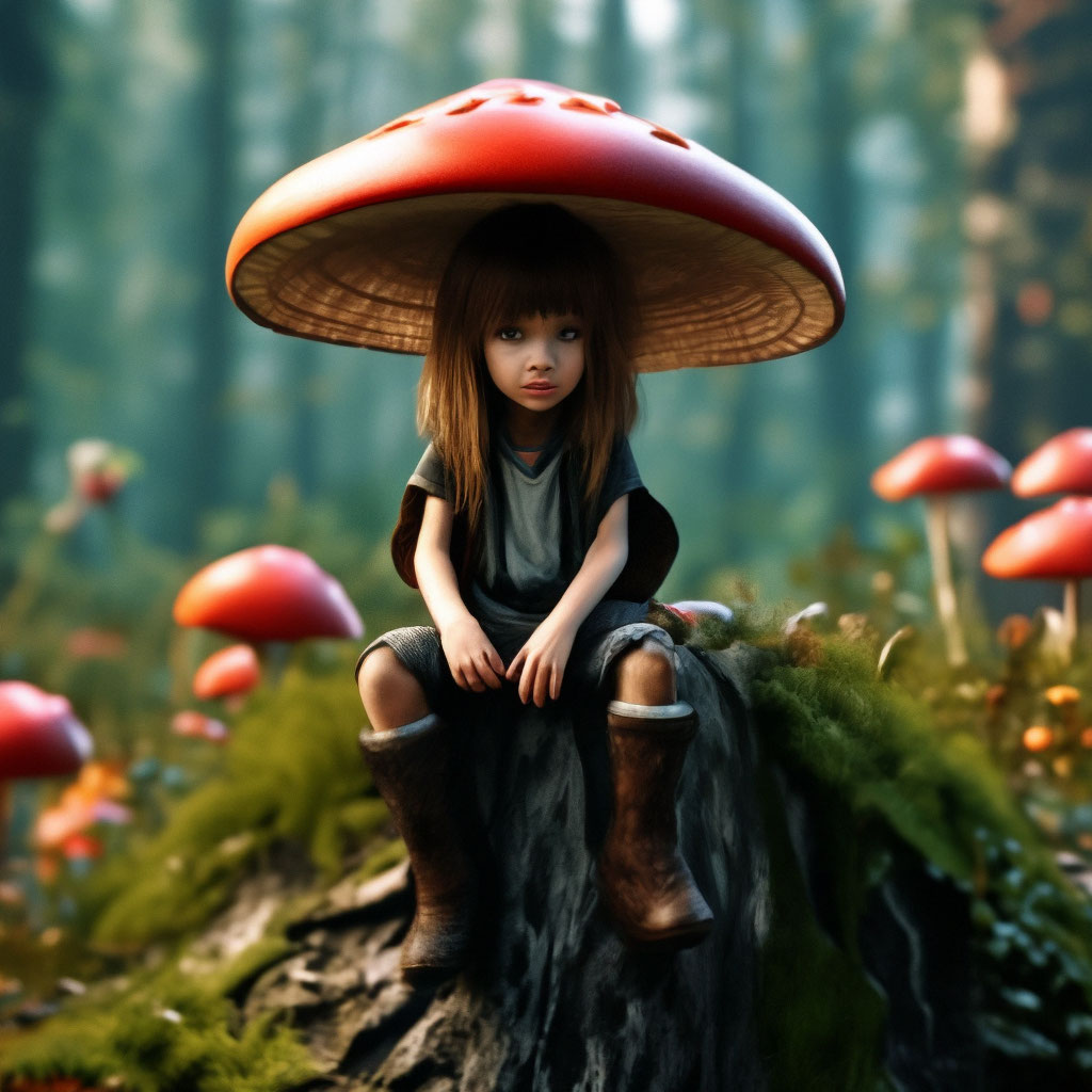 "Shailushai is sitting on a stump in a mushroom forest." — image ...