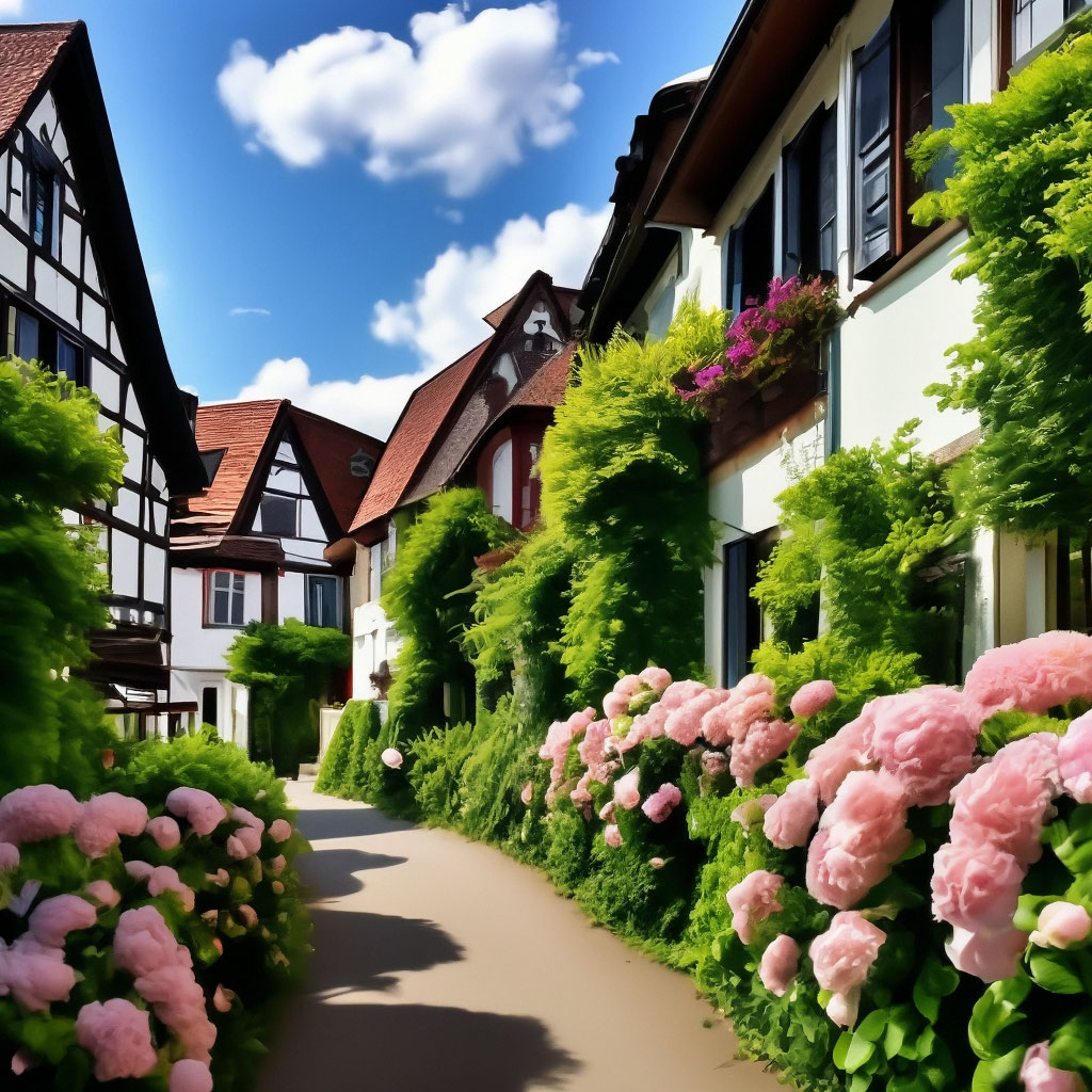 "A German village, along the road hydrangea bushes with pink flowers ...