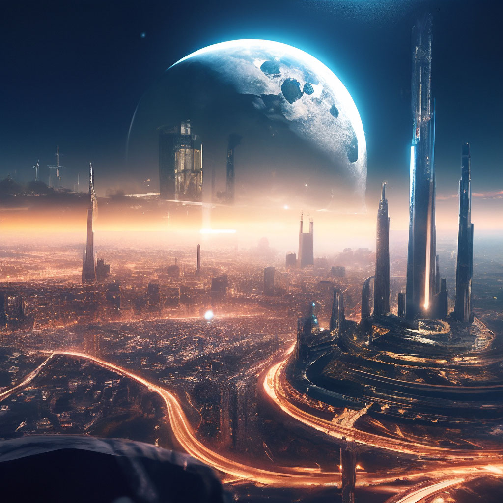 "Megapolis on the moon, retrofuturism style, planet earth on the ...